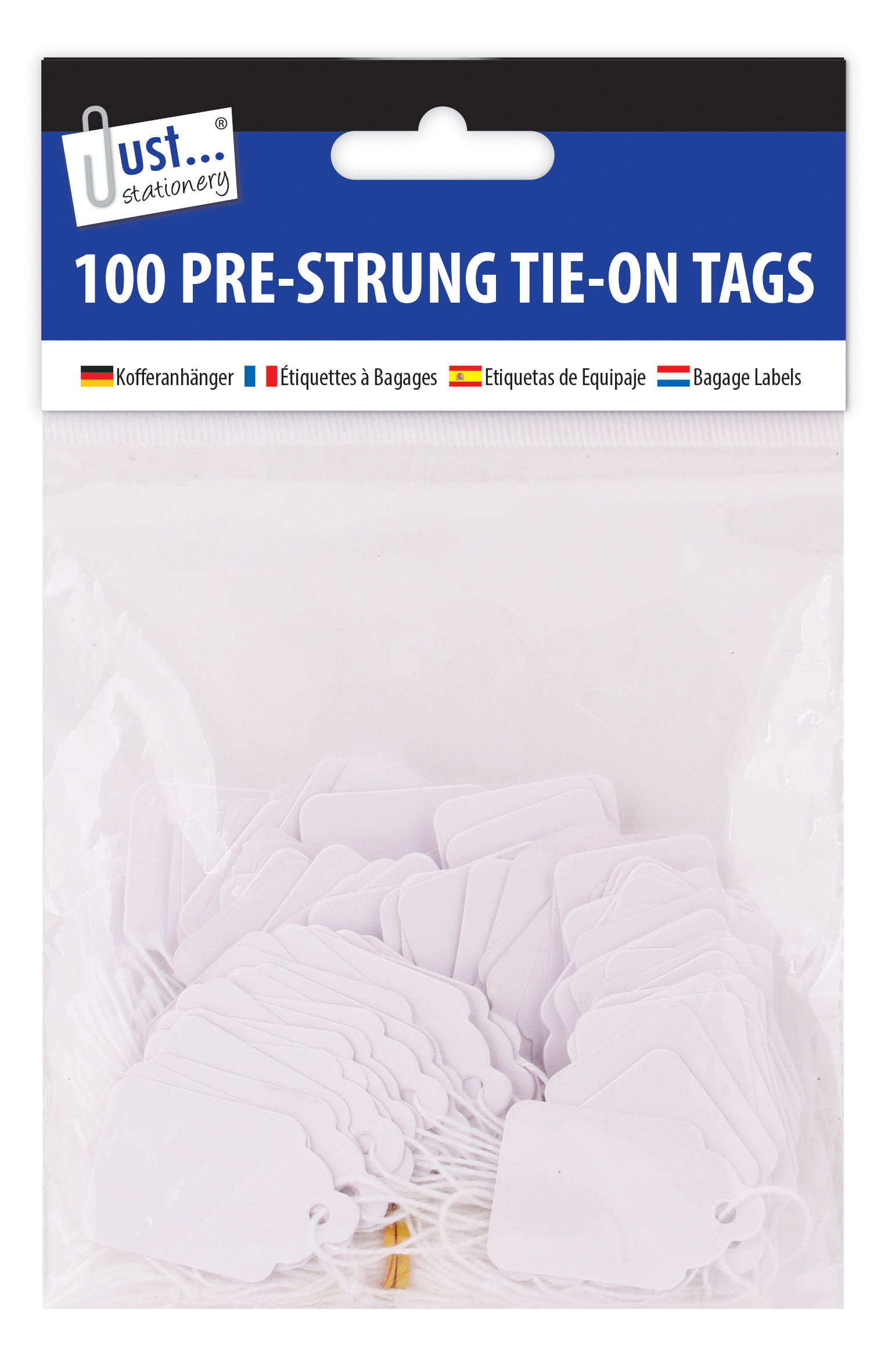100 Pre Strung White Tags 25x39mm